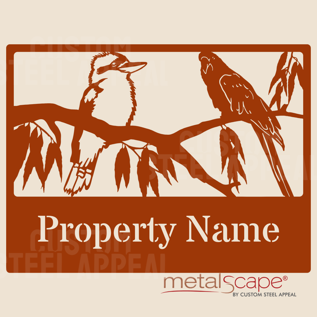 Kookaburra and Rosella on Branch - Farm Property Sign – Custom Steel Appeal