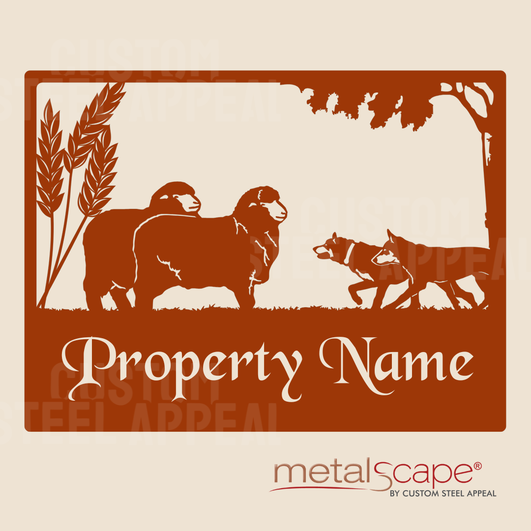 Two Merino Sheep, Two Kelpies & Wheat - Farm Property Sign – Custom ...