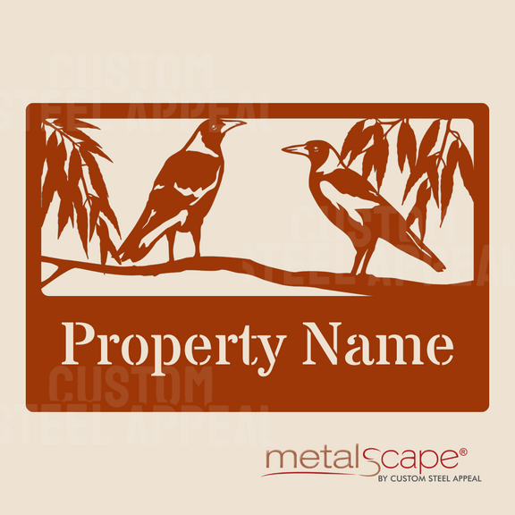 Two Magpies on Branch - Farm Property Sign – Custom Steel Appeal