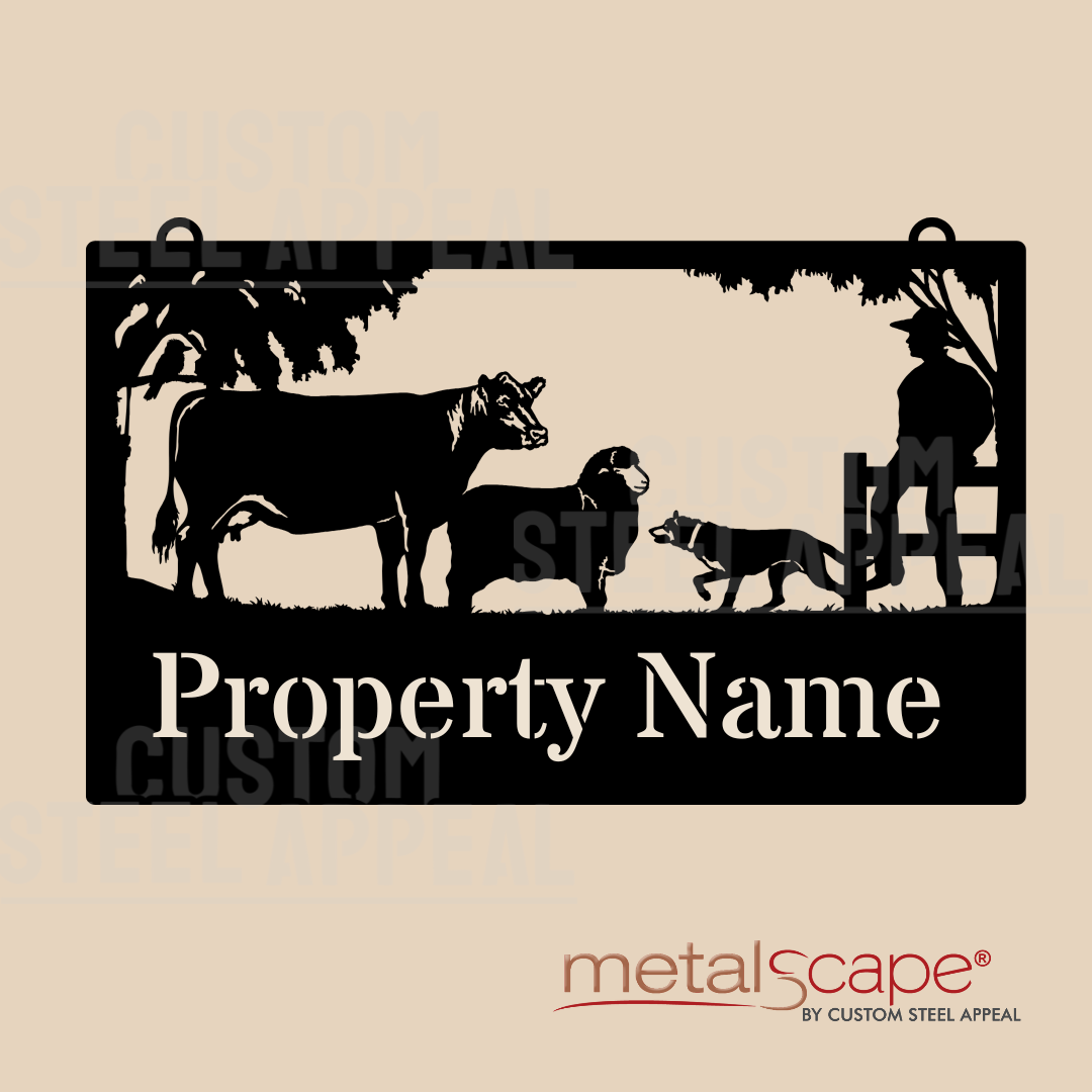 Angus Cow, Merino Sheep, Man & Dog - Farm Property Sign – Custom Steel ...