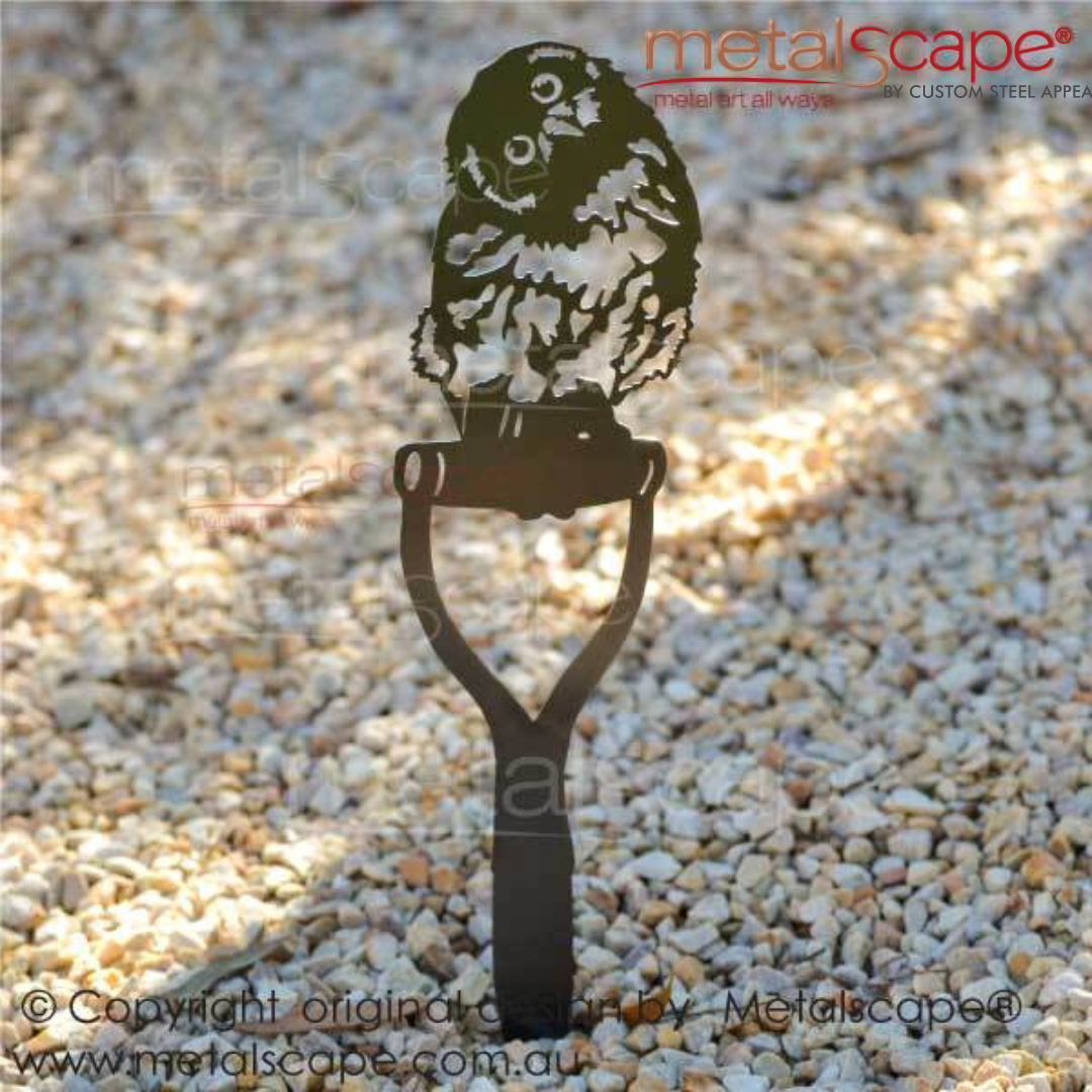 Boobook Owl Fledgling on Spade Handle – Custom Steel Appeal
