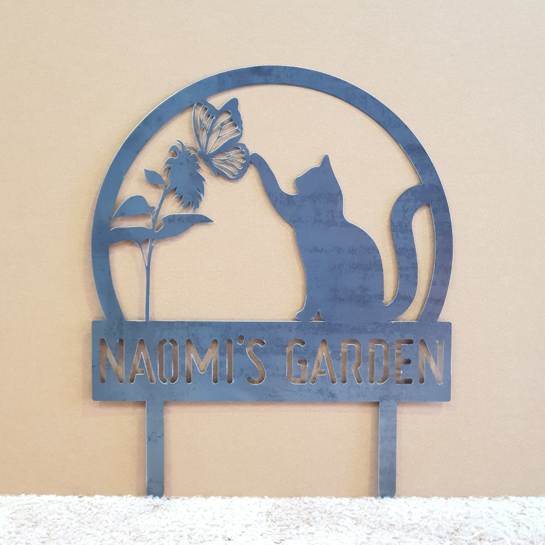 Cat & Butterfly Garden Sign – Custom Steel Appeal