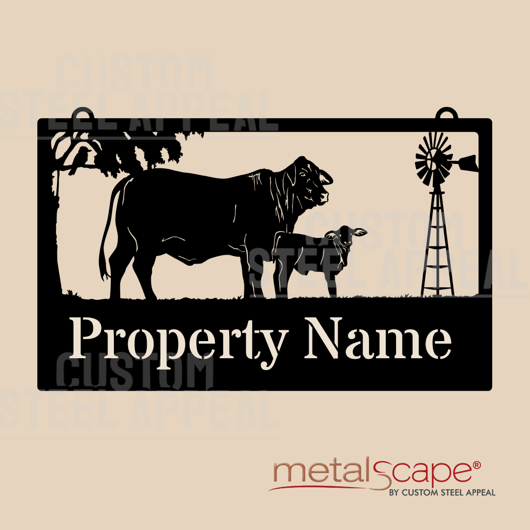 Droughtmaster Cow, Calf & Windmill - Farm Property Sign – Custom Steel ...