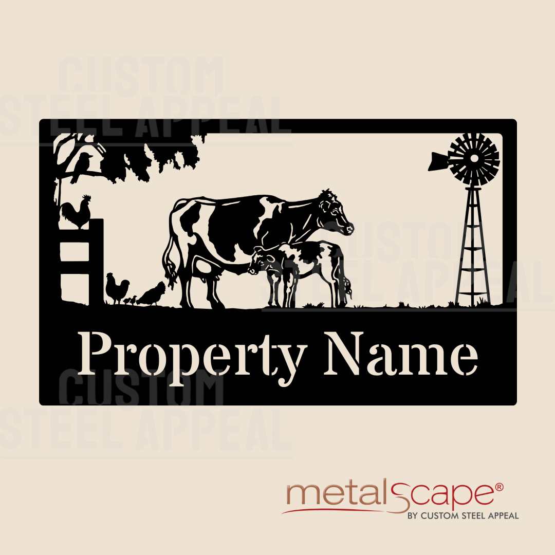 Friesian Cow & Calf, Windmill - Farm Property Sign – Custom Steel Appeal