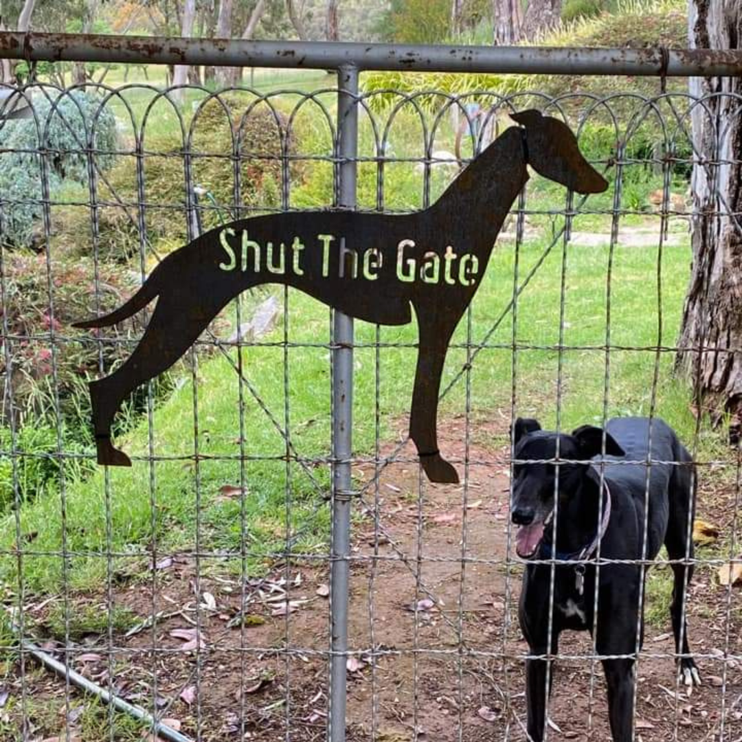 Greyhound Shut the Gate Dog Sign | Custom Steel Appeal