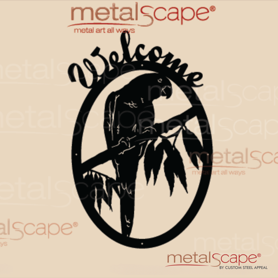 King Parrot on Branch Oval Frame Welcome Sign – Custom Steel Appeal