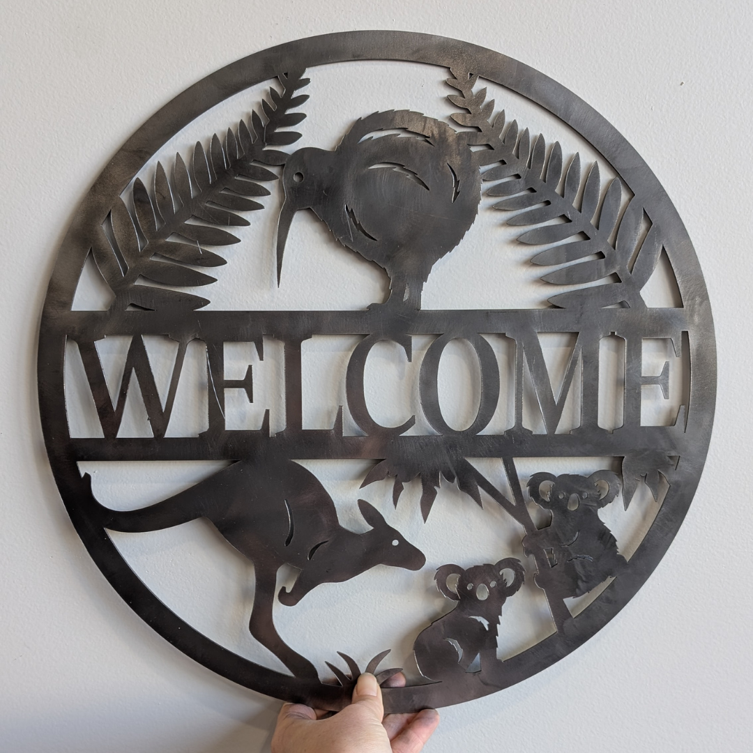 Kiwi, Kangaroo & Koala Round Welcome Sign – Custom Steel Appeal
