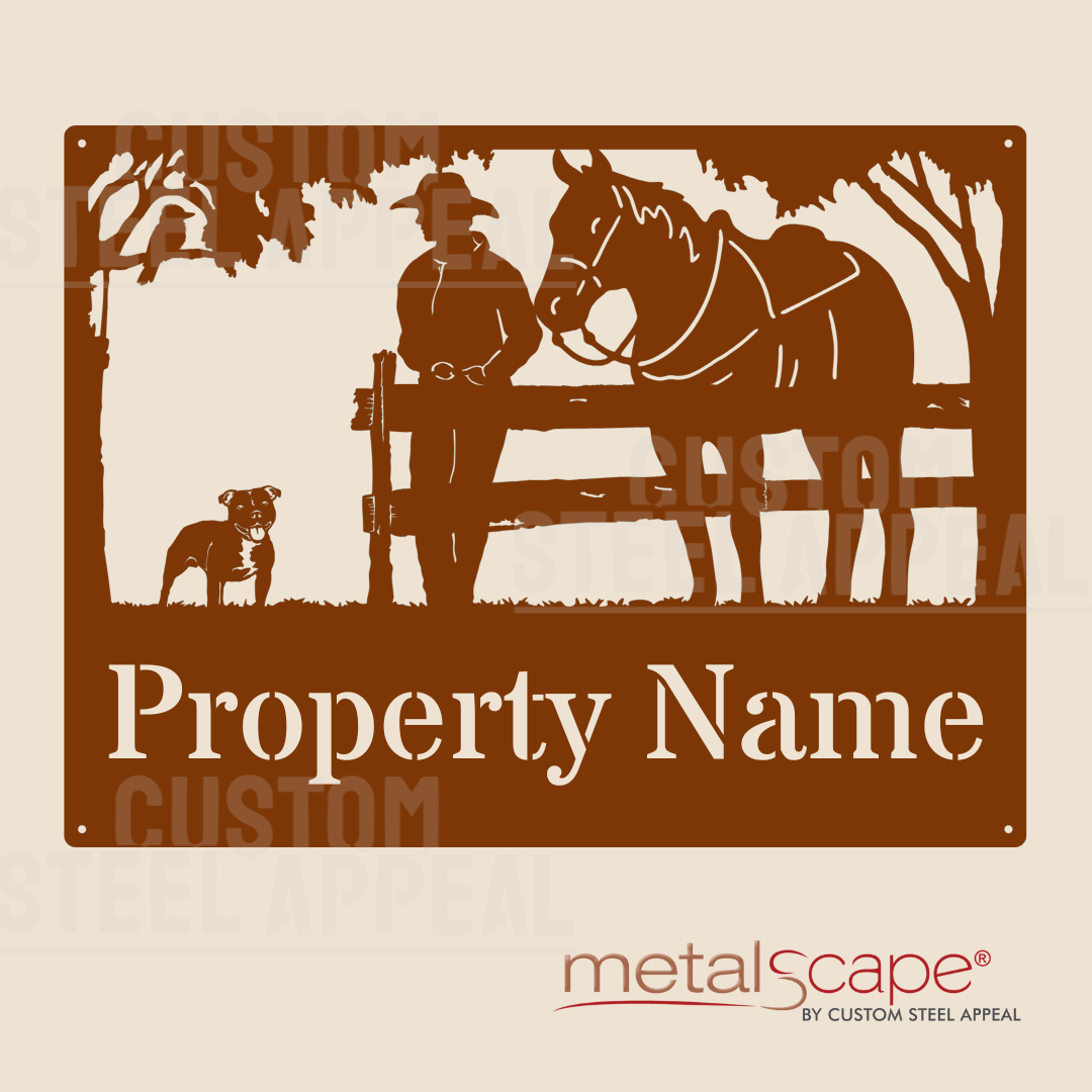 Man on Fence, Horse & Staffy - Farm Property Sign – Custom Steel Appeal