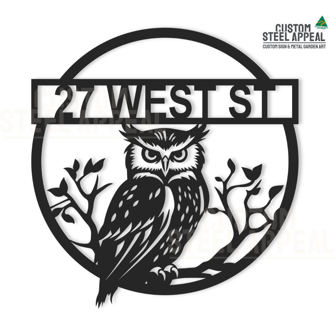 Round Owl Property Sign – Custom Steel Appeal