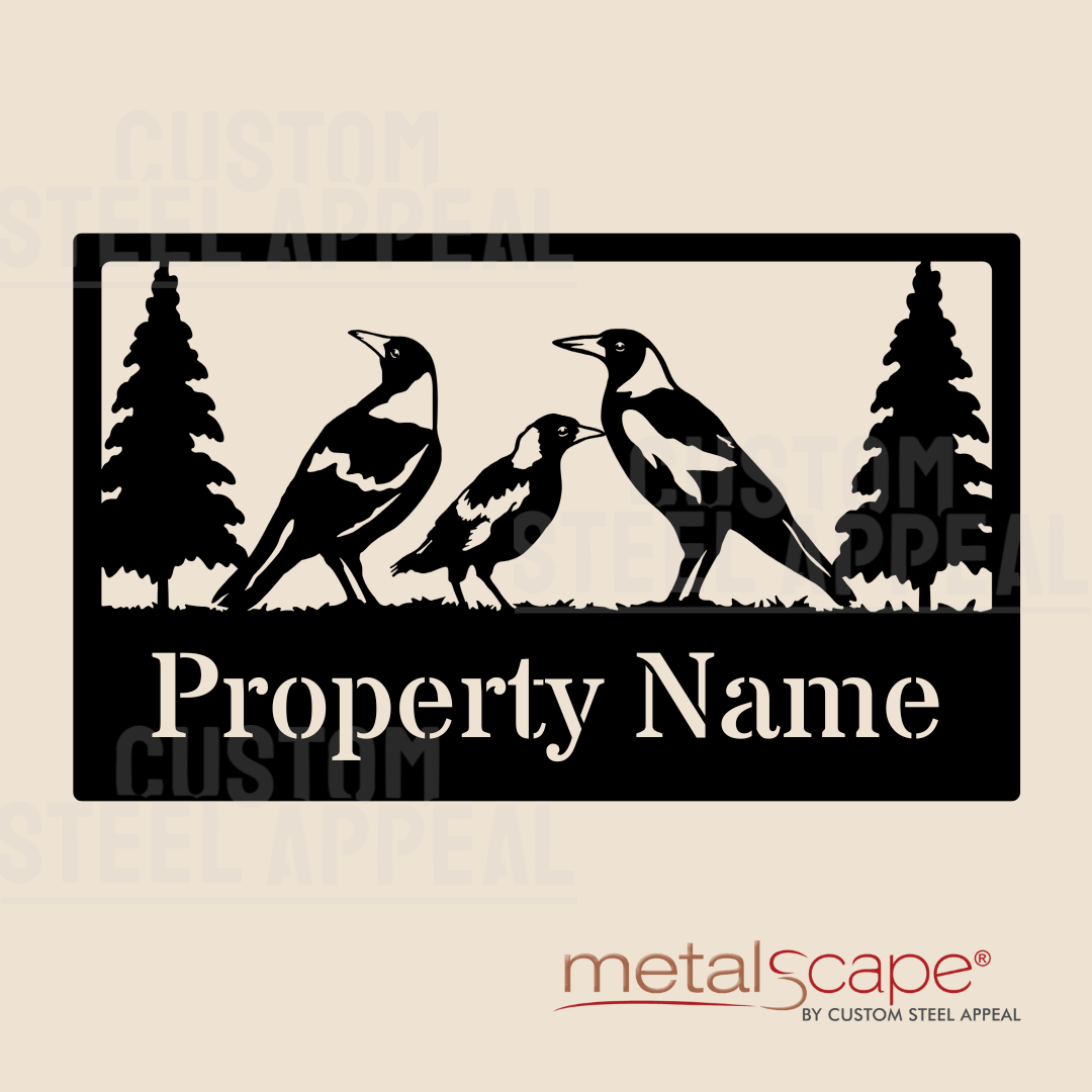 Three Magpies & Pine Trees - Farm Property Sign – Custom Steel Appeal