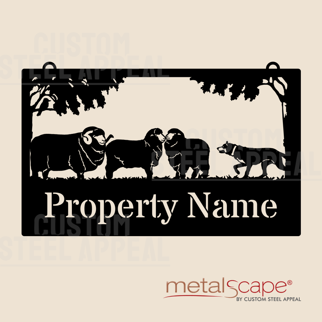 Three Merino Sheep and Kelpie - Farm Property Sign – Custom Steel Appeal
