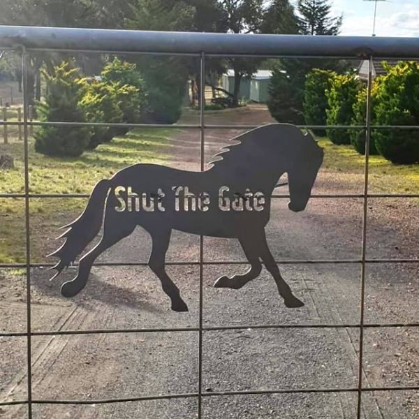 Shut the Gate Galloping Horse Sign | Custom Steel Appeal